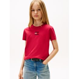 T-Shirt Tommy Hilfiger "RHINE STONE FLAG TEE S/S", M&auml;dchen, Gr. 10 (140), rot (ruby rhubarb), Single Jersey, Obermaterial: 100% Baumwolle, unifarben, regular fit normal, Rundhals, eingesetzt gerader Abschluss, Shirts T-Shirt, Kinder bis 16 Jahre