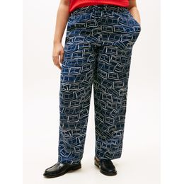 Stoffhose Tommy Hilfiger Curve "CRV ESS LINEN PULL ON PANTS", Damen, Gr. 50, N-Gr, flag feathers schwarz night navy, Web, Obermaterial: 100% Leinen, bedruckt, weit normal, Hosen Stoffhose, in gro&szlig;en Gr&ouml;&szlig;en