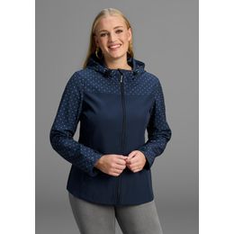 Softshelljacke Polarino, Damen, Gr. 40, blau (navy), Softshell, Obermaterial: 96% Polyester, 4% Elasthan. Futter: 100% Polyester. Innenseite: 100% Polyester, bedruckt, gemustert, kontrastfarbene Details, mehrfarbig, bequem h&uuml;ftlang, mit Kn&ouml;pfen,verstellbar, Jacken Softshelljacke, mit Druck, &Uuml;bergangsjacke