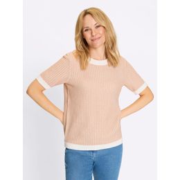 Kurzarmpullover Classic Basics "Pullover", Damen, Gr. 38, beige, ecru, gemustert, 100% Baumwolle, gemustert, mehrfarbig, Pullover Kurzarmpullover
