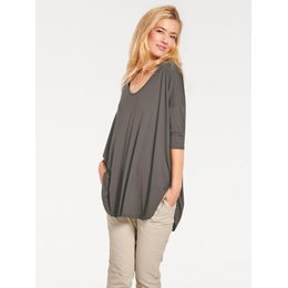 Oversize-Shirt Heine "Oversized Shirt", Damen, Gr. 36/38, grau (taupe), 95% Viskose, 5% Elasthan, unifarben, V-Ausschnitt, Shirts Oversize-Shirt