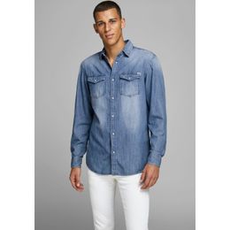 Jack & Jones Jeanshemd JACK & JONES "JJESHERIDAN im Workwear-Stil mit robuster Baumwollqualit&auml;t", Herren, Gr. S, N-Gr, blau (medium blau denim), Web, Obermaterial: 100% Baumwolle, schmal, Hemden Jeanshemd, unifarben, modisch, slim fit, Baumwolle, Hemdkragen, Topseller