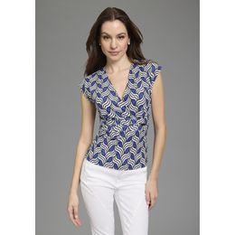 Print-Shirt Bruno Banani, Damen, Gr. 46, blau, wei&szlig;, gemustert, Jersey, Obermaterial: 95% Polyester, 5% Elasthan, gemustert, festlich, sehr figurbetont h&uuml;ftlang, angeschnitten, Shirts Print-Shirt, mit Schmuckelement, eleganter V-Ausschnitt, figurbetont