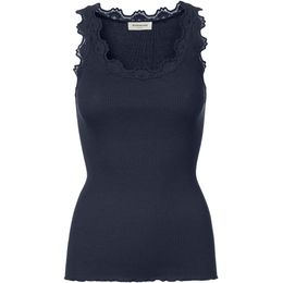 Tanktop rosemunde "Babette Silk Top", Damen, Gr. XL, blau (schwarz navy), Feinripp, Obermaterial: 70% Seide, 30% Baumwolle, unifarben, k&ouml;rpernah h&uuml;ftlang, tiefer Rundhals, Tops Tanktop, Vintage-Spitzenbesatz, breite Tr&auml;ger, feminin, bequem, Seidenmix