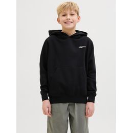 Jack & Jones Kapuzensweatshirt JACK & JONES JUNIOR "JORISLINGTON BACK SWEAT HOOD SN JNR", Jungen, Gr. 128, schwarz, angeraute Sweatware, Obermaterial: 70% Baumwolle, 30% Polyester, unifarben, loose fit normal, Rippb&uuml;ndchen, Sweatshirts Kapuzensweatshirt