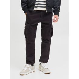 Jack & Jones Cargohose JACK & JONES "JPSTKANE JJJONNIE CUFFED CARGO", Herren, Gr. 28, L&auml;nge 30, schwarz, Web, Obermaterial: 98% Baumwolle, 2% Elasthan, unifarben, loose fit kn&ouml;chellang, Hosen Cargohose