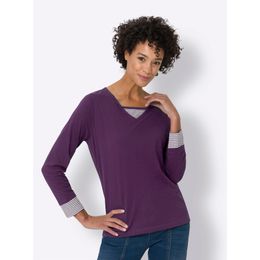 Langarmshirt Classic Basics "Shirt", Damen, Gr. 38, lila (traube), 100% Baumwolle, gemustert, mehrfarbig, V-Ausschnitt, Shirts Langarmshirt