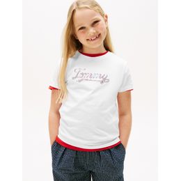 T-Shirt Tommy Hilfiger "TOMMY SCRIPT SEQUINS TEE SS", M&auml;dchen, Gr. 4 (104), wei&szlig;, Single Jersey, Obermaterial: 100% Baumwolle, unifarben, regular fit h&uuml;ftlang, Rundhals, Shirts T-Shirt, f&uuml;r Kinder bis 16 Jahre, mit Pailletten