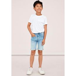 Jeansshorts name it "NKMSILAS SLIM DNM L SHORT", Jungen, Gr. 152, N-Gr, ligth blau denim, Denim/Jeans, Obermaterial: 72% Baumwolle, 26% Polyester, 2% Elasthan, unifarben, slim fit kurz, Jeans Jeansshorts, Baumwollmischung, Stretch, Umschlagsaum