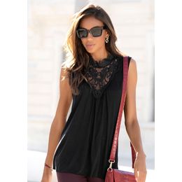 Spitzentop Lascana, Damen, Gr. 40/42, schwarz, Jersey, Obermaterial: 100% Viskose, unifarben, figurumspielend h&uuml;ftlang, Tops Spitzentop, mit modischem Stehkragen, elegantes Jerseytop mit Spitze, Topseller