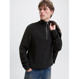 Jack & Jones Troyer JACK & JONES "JORBLEECKER KNIT HALF ZIP BF", Herren, Gr. XS, schwarz detail:asphalt, Strick, Obermaterial: 65% Polyacryl, 35% Baumwolle, unifarben, regular fit h&uuml;ftlang, hoch geschlossener Ausschnitt, Rippb&uuml;ndchen, Pullover Troyer