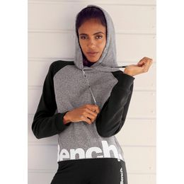 Kapuzensweatshirt BENCH. LOUNGEWEAR, Damen, Gr. 36/38, grau (grau, schwarz), Sweatware, Obermaterial: 60% Baumwolle, 40% Polyester, mehrfarbig, meliert, unifarben, Basic, Basic taillenbedeckt, ohne Ausschnitt, B&uuml;ndchen, Sweatshirts Kapuzensweatshirt, mit farblich abgesetzten &Auml;rmeln und Logodruck, Loungeanzug, Hoodie