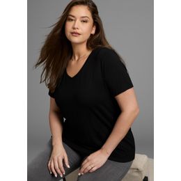 T-Shirt LAURA SCOTT CURVE, Damen, Gr. 56/58, schwarz, Jersey, Obermaterial: 94% Viskose, 6% Elasthan, unifarben, Basic, A-Linie h&uuml;ftbedeckend, V-Ausschnitt, Shirts T-Shirt, mit V-Ausschnitt aus flie&szlig;ender Viskose - GROSSE GR&Ouml;SSE