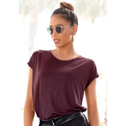 Kurzarmshirt Lascana, Damen, Gr. 36/38, lila (aubergine, burgunder), Jersey, Obermaterial: 100% Viskose, unifarben, figurumspielend h&uuml;ftlang, Rundhals, Aufschlag, Shirts Kurzarmshirt, mit Rundhalsausschnitt, Jerseyware, &Auml;rmelaufschlag, Basic, Topseller
