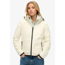 Outdoorjacke Superdry "HOODED LOGO WINDBREAKER JACKET", Damen, Gr. L, wei&szlig; (sanftes wei&szlig;), Web, Obermaterial: 100% Nylon, unifarben, h&uuml;ftbedeckend, kontrastfarben,mit Gummizug, Jacken Outdoorjacke