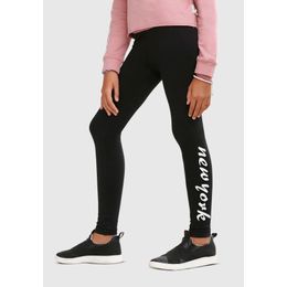 Leggings Kidsworld "Stretch-Leggings mit New York Print", M&auml;dchen, Gr. 128/134, N-Gr, schwarz, Jersey, Obermaterial: 95% Baumwolle, 5% Elasthan, bedruckt, eng lang, Hosen Leggings, mit Beindruck