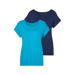 Kurzarmshirt Vivance "mit Gummizug im Bund", Damen, Gr. 48/50, blau (t&uuml;rkis, navy), Obermaterial: 95% Viskose, 5% Elasthan, unifarben, Basic, figurumspielend normal, Rundhals, angeschnitten, Shirts Kurzarmshirt, aus weichem Viskose-Stretch, Topseller