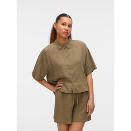 V&eacute;ro Moda Hemdbluse VERO MODA "VMLINN LINEN 2/4 SHORT SHIRT WVN NOOS", Damen, Gr. M, kalamata detail:melange, Web, Obermaterial: 55% Leinen, 45% Viskose, meliert, regular fit, Blusen Hemdbluse