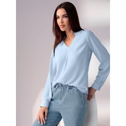 Langarmbluse Heine, Damen, Gr. 48, blau (hellblau), 100% Polyester, unifarben, V-Ausschnitt, Blusen Langarmbluse