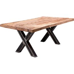 Esstisch Sit, beige (natur, antikschwarz, antikschwarz, natur), B:180cm H:75cm T:100cm, Platte recyceltes Teak, Gestell Metall, Tische, Esstisch, Gestell im Used-Look