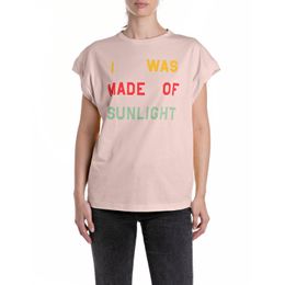 T-Shirt Replay, Damen, Gr. S, rosa (pink salt), Single Jersey, Obermaterial: 100% Baumwolle, bedruckt, Rundhals, abgesteppte Kante, Shirts T-Shirt, mit &uuml;berschnittenen &Auml;rmeln