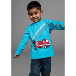 Langarmshirt Kidsworld "HIER KOMMT RETTUNG", Jungen, Gr. 92/98, blau (t&uuml;rkis), Single Jersey, Obermaterial: 100% Baumwolle, bedruckt, Basic, Rundhals, Shirts Langarmshirt, Langarm, Basic-Passform, peppiger Druck, Topseller