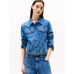 Jeansjacke Tommy Jeans "CLASSIC TRUCKER JACKET CI8132", Damen, Gr. L (40), blau (denim medium), Denim/Jeans, Obermaterial: 99% Baumwolle, 1% Elasthan, unifarben, angesetztes B&uuml;ndchen, Jacken Jeansjacke