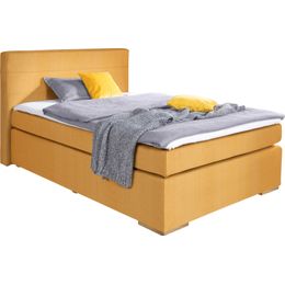 Boxspringbett Alina "Nikki", gelb (gelb xbo 5), B:153cm L:214cm, Struktur fein XBO (100% Polyester), Komplettbetten, Boxspringbett, inklusive Matratze und Topper, F&uuml;&szlig;e Buche natur