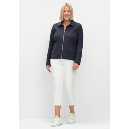 Kurzjacke sheego, Damen, Gr. 56, blau (tiefblau), 70% Viskose, 27% Polyamid, 3% Elasthan, unifarben, Jacken Kurzjacke