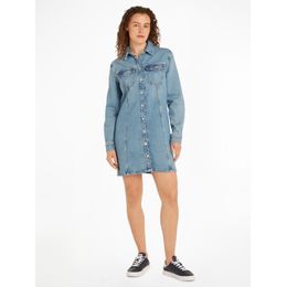 Blusenkleid Tommy Jeans "ALINE LS DRESS CH6119 EXT", Damen, Gr. L (40), N-Gr, blau (denim light), Web, Obermaterial: 99% Baumwolle, 1% Elasthan, unifarben, regular fit, Kleider Blusenkleid, mit Tommy Jeans Flagge