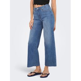 High-waist-Jeans Only "ONLANN-MADISON HW CROP WD DNM SOO618NOOS", Damen, Gr. XS (34), L&auml;nge 32, blau (medium blau denim), Denim/Jeans, Obermaterial: 86% Baumwolle, 13% Polyester, 1% Elasthan, unifarben, weit kurz, Jeans High-waist-Jeans