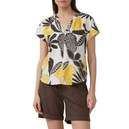 Kurzarmbluse s.Oliver, Damen, Gr. 36, bunt (braun gelb), Obermaterial: 52% Leinen, 48% Viskose, bedruckt, regular fit Po-bedeckend, V-Ausschnitt, Blusen Kurzarmbluse, mit All-Over Print