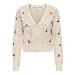 Strickjacke Only "ONLBIRTIE LS EMB V-NECK CARDIGAN KNT", Damen, Gr. S, ecru detail:barbad cherry, laurel wre, cherry emb, Strick, Obermaterial: 60% Baumwolle, 40% Polyacryl, unifarben, regular fit normal, V-Ausschnitt, Rippstrickb&uuml;ndchen, Strickjacken Strickjacke, mit Stickerei