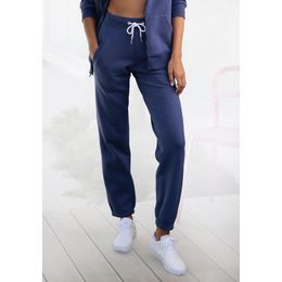 H.I.S. Sweathose H.I.S, Damen, Gr. 36/38, N-Gr, blau (marine), angeraute Sweatware, Obermaterial: 100% Baumwolle, unifarben, Basic, schmal lang, Hosen Sweathose, mit Eingrifftaschen, Loungewear, Topseller