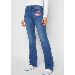 Bootcut-Jeans bonprix, Damen, Gr. 38, N-Gr, blau (blau denim used), Obermaterial: 82% Baumwolle, 17% Polyester, 1% Elasthan, slim fit, Jeans Bootcut-Jeans, Slim Fit Passform, High Waist, mit Stickerei