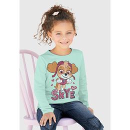 Langarmshirt PAW PATROL, M&auml;dchen, Gr. 128/134, gr&uuml;n (mint), Jersey, Obermaterial: 100% Baumwolle, bedruckt, Basic h&uuml;ftlang, Rundhals, abgesteppte Kante, Shirts Langarmshirt, Druck mit Glitzerdetails