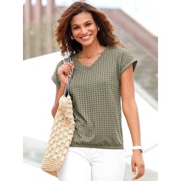 Kurzarmshirt Casual Looks "Shirt", Damen, Gr. 38, gr&uuml;n (khaki), 97% Polyester, 3% Elasthan, unifarben, V-Ausschnitt, Shirts Kurzarmshirt