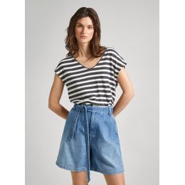 T-Shirt Pepe Jeans "T-Shirts KHLOE", Damen, Gr. XS, gr&uuml;n (infinity gr&uuml;n), Web, Obermaterial: 100% Leinen, gestreift, relaxed fit, V-Ausschnitt, Shirts T-Shirt
