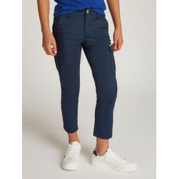 Cargohose Tommy Hilfiger "WOVEN CARGO PANT", Jungen, Gr. 10 (140), N-Gr, blau (schwarz night navy), Web, Obermaterial: 69% Baumwolle, 27% Polyamid, 4% Elasthan, unifarben, straight fit normal, Hosen Cargohose, im Cargo-Stil