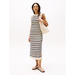 Sweatkleid Tommy Hilfiger "CROCHET C-NK SL MIDI SWT DRESS", Damen, Gr. XL (42), N-Gr, beige (desert sand dune, schwarz n n stp), Jersey, Obermaterial: 83% Baumwolle, 17% Polyamid, gestreift, slim fit, Rundhals, Kleider Sweatkleid