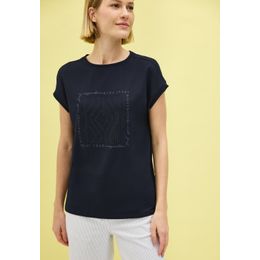 T-Shirt Cecil, Damen, Gr. XS (36), blau (universal blau), Jersey, Obermaterial: 48% Baumwolle, 48% Modal, 4% Elasthan, bedruckt, regular fit taillenbedeckt, Rundhals, Shirts T-Shirt, mit Glitzer Print