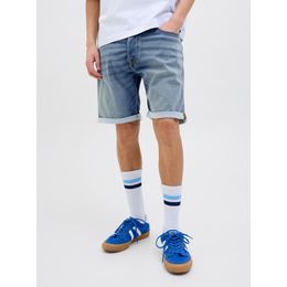 Jack & Jones Shorts JACK & JONES "JJIRICK mit Aufschlag und Knopfverschluss f&uuml;r den Sommer", Herren, Gr. S, N-Gr, blau (blau denim), Web, Obermaterial: 48% Baumwolle, 26% Viskose, 25% Polyester, 1% Elasthan, unifarben, regular fit kniefrei, Hosen Shorts, unifarben, regular fit, Web, Five-Pocket-Stil, elastisch