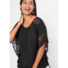 Langarmbluse bonprix, Damen, Gr. 38, schwarz, Obermaterial: 100% Polyester. Spitze: 100% Polyester, figurumspielend, Blusen Langarmbluse, figurumspielende Passform, aus Polyester, mit Applikationen, Topseller