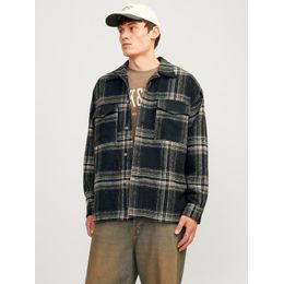 Jack & Jones Langarmhemd JACK & JONES "JORVESTERBRO CHECK OVERSHIRT LS SN", Herren, Gr. L, N-Gr, schwarz (forest river), Web, Obermaterial: 50% Polyester, 30% Baumwolle, 10% Polyacryl, 10% Viskose, kariert, relaxed fit, Hemden Langarmhemd