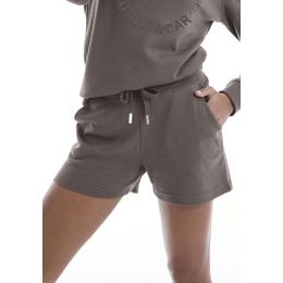 Sweatshorts BENCH. LOUNGEWEAR, Damen, Gr. 44/46, N-Gr, grau (taupe), Sweatware, Obermaterial: 60% Baumwolle, 40% Polyester, bestickt, unifarben, bequem kurz, Hosen Sweatshorts, mit Logostickerei und seitlichen Taschen, Loungewear, Topseller