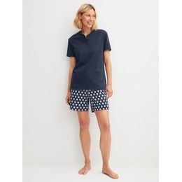 Shorty Calida "Daylight Dreams", Damen, Gr. XS (36/38), peacoat blau, Interlock, Obermaterial: 100% Baumwolle, bequem kurz, Rundhals, Homewear-Sets Shorty, mit Rundhalsausschnitt und kleiner Knopfleiste, Cotton