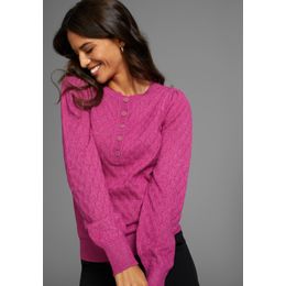 Rundhalspullover Laura Scott, Damen, Gr. 42, pink (fuchsia, melange), Feinstrick, Obermaterial: 50% Viskose, 28% Polyester, 22% Polyamid, meliert, figurbetont h&uuml;ftlang, Rundhals, Rippb&uuml;ndchen, Pullover Rundhalspullover, mit Knopfleiste und Ajourmuster