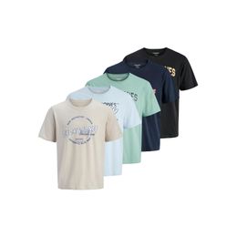 Jack & Jones Rundhalsshirt JACK & JONES "JJELOGO TEE SS O-NECK 2 COL SS26 5PK MP", Herren, Gr. XL, vetiver pack:vetiver, blau mirage, mineral blau, atlantic deep, navy blazer, Jersey, Obermaterial: 100% Baumwolle, bedruckt, unifarben, Basic normal, Rundhals, Shirts Rundhalsshirt