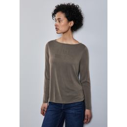 Langarmshirt Street One, Damen, Gr. 36, braun (muddy braun), Jersey, Obermaterial: 78% Modal, 22% Polyester, unifarben, normal h&uuml;ftlang, U-Boot-Ausschnitt, abgesteppt, Shirts Langarmshirt, mit Schriftz&uuml;gen