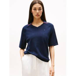 Strickpullover Tommy Hilfiger "CO JERSEY STCH POLO V-NK S/S SWT", Damen, Gr. XS (34), blau (schwarz night navy gs), Strick, Obermaterial: 100% Baumwolle, unifarben, regular fit, V-Ausschnitt, Pullover Strickpullover